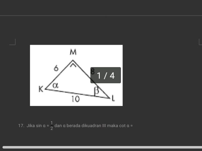 17. Jika sin α = {1}{2} dan α berada | StudyX