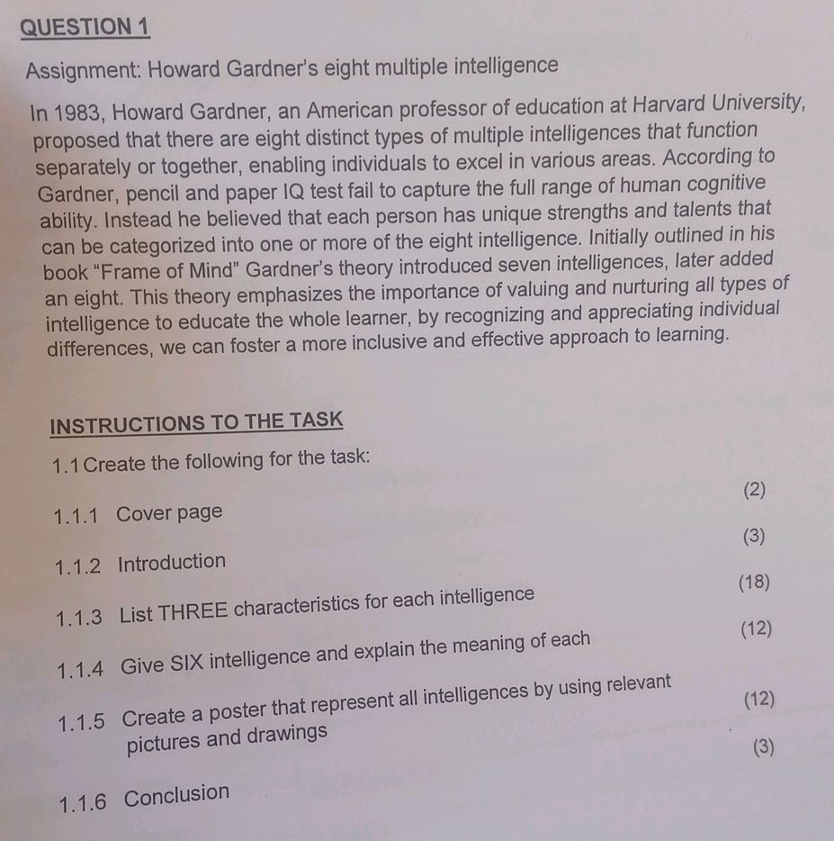 QUESTION 1 Assignment: Howard Gardner's | StudyX