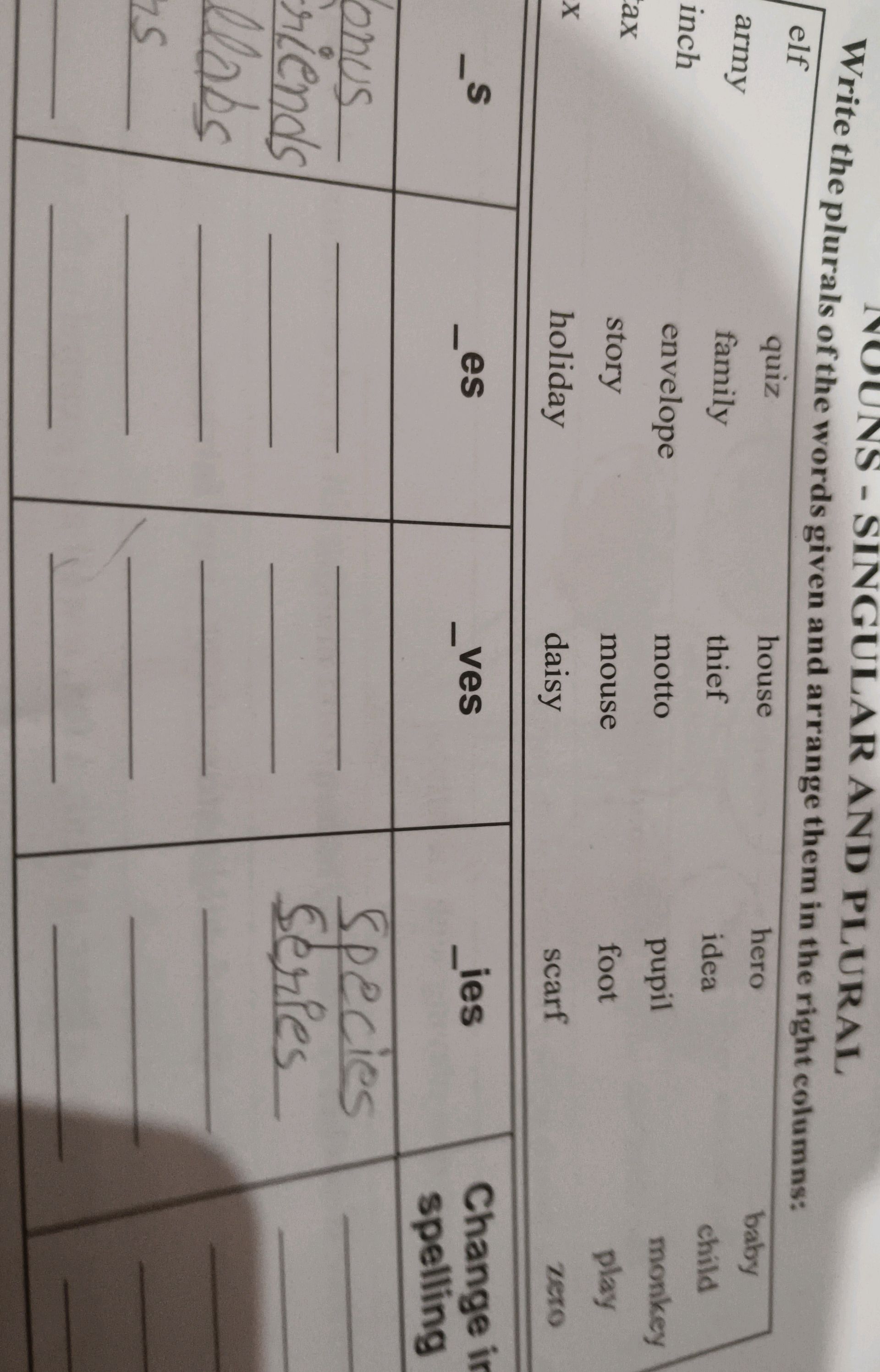 NOUNS - SINGULAR AND PLURAL Write the | StudyX