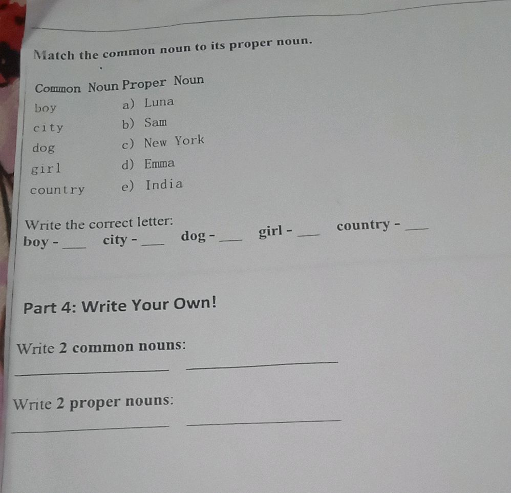 Match the common noun to its proper noun. | StudyX