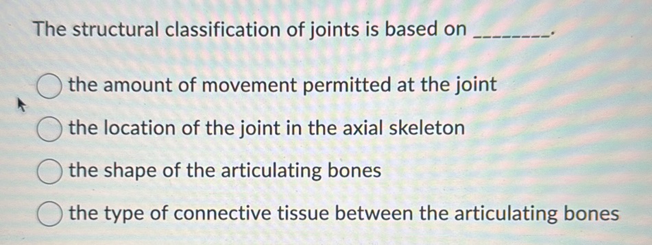 The structural classification of joints is | StudyX