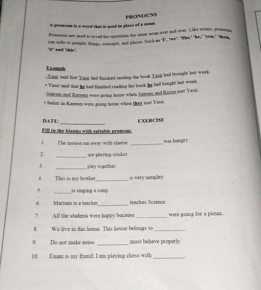 Fill in the blanks with suitable pronoun. | StudyX