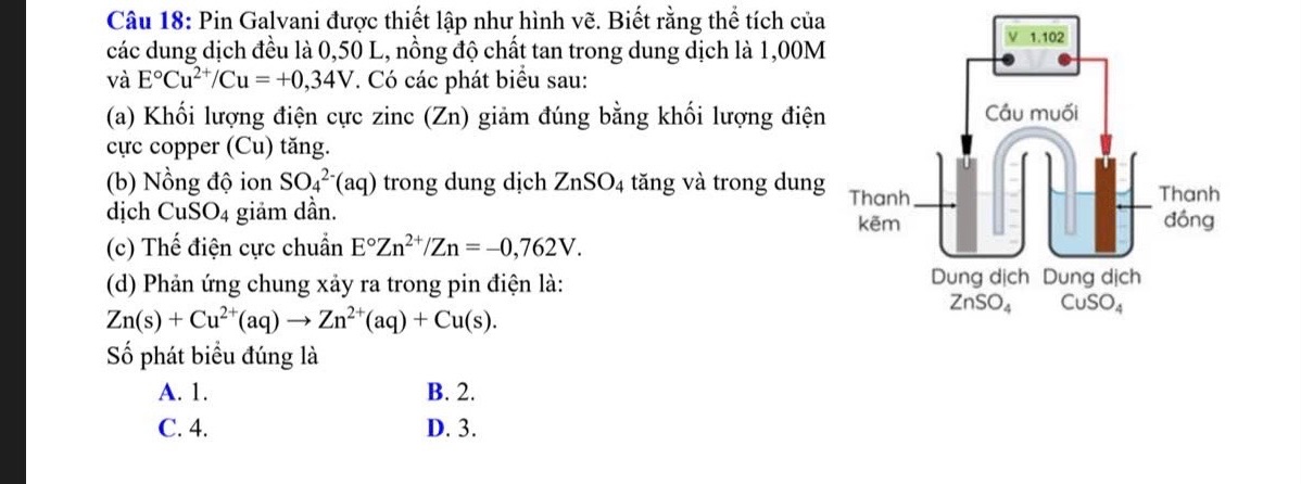 Câu 18: Pin Galvani được thiết lập như hình