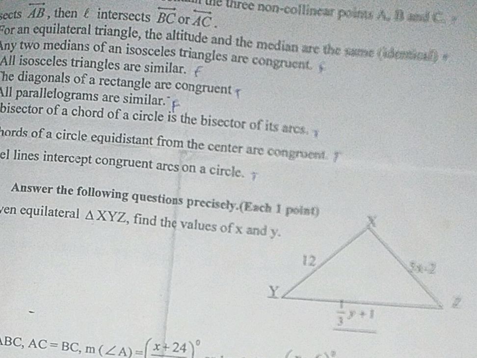 Given equilateral $ XYZ$, find the values | StudyX