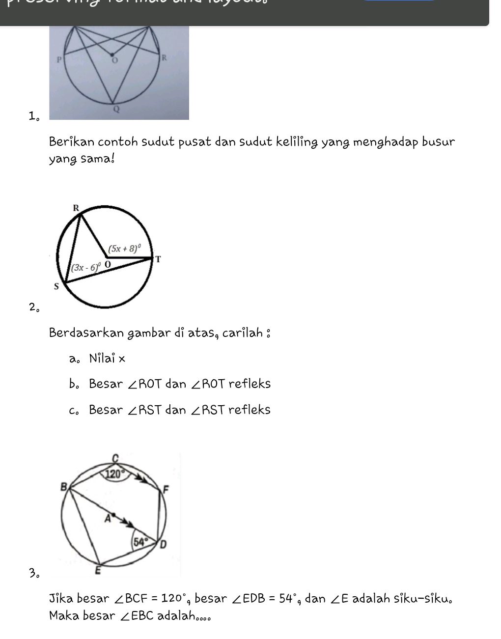 1. Berikan contoh sudut pusat dan sudut | StudyX