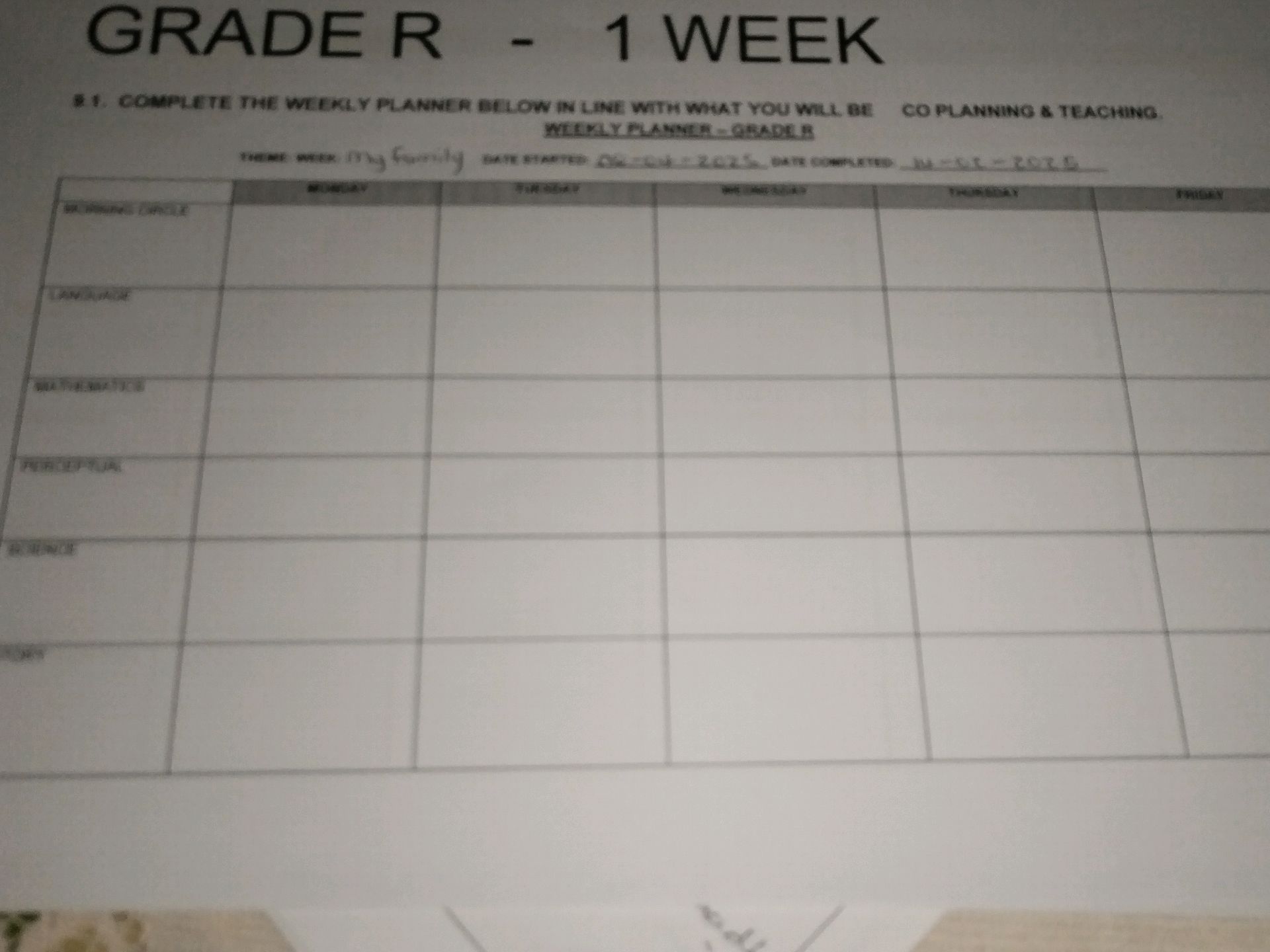 §1. COMPLETE THE WEEKLY PLANNER BELOW IN