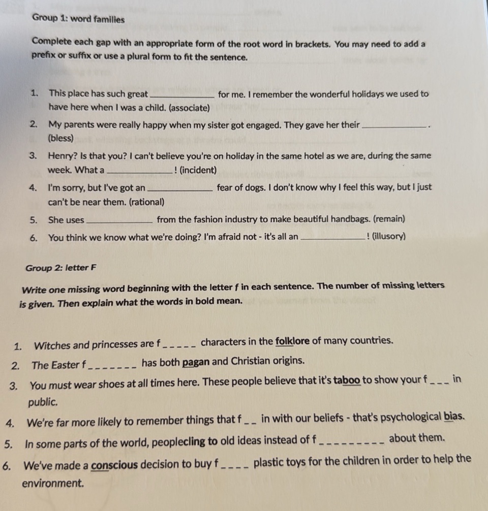 Group 1: word families Complete each gap | StudyX