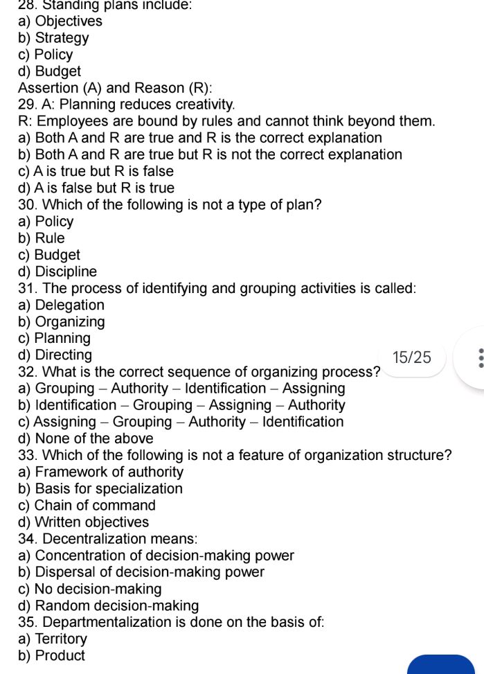28. Standing plans include: a) Objectives b) | StudyX
