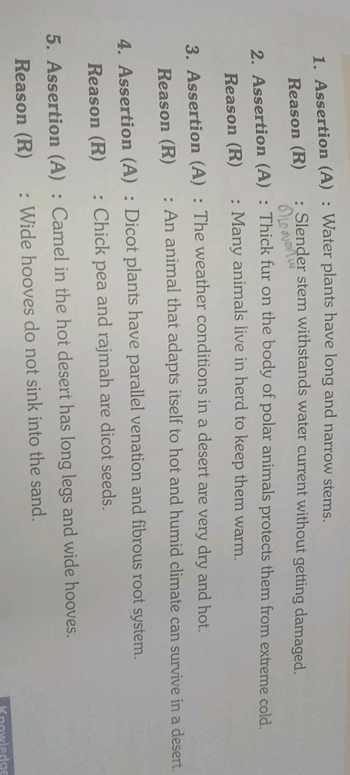 1. Assertion (A) : Water plants have long | StudyX