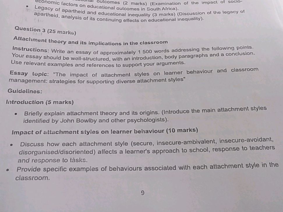 Question 3 (25 marks) Attachment theory and | StudyX