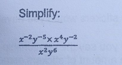 Simplify: $ {x^{-2}y^{-5} | StudyX