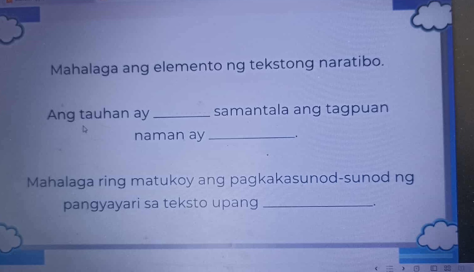 Mahalaga ang elemento ng tekstong naratibo. | StudyX