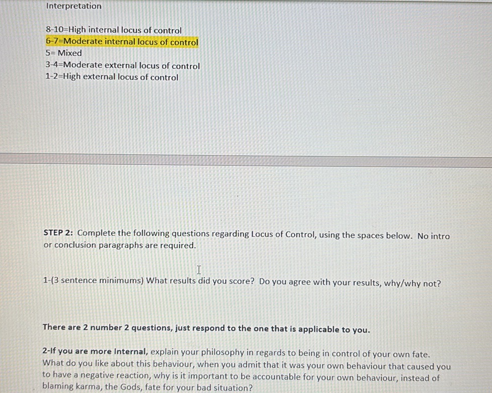 Interpretation 8-10=High internal locus of | StudyX