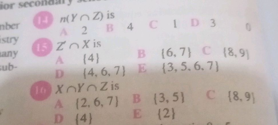$n(Y igcap Z)$ is A 2 B 4 C 1 D 3 15. $Z