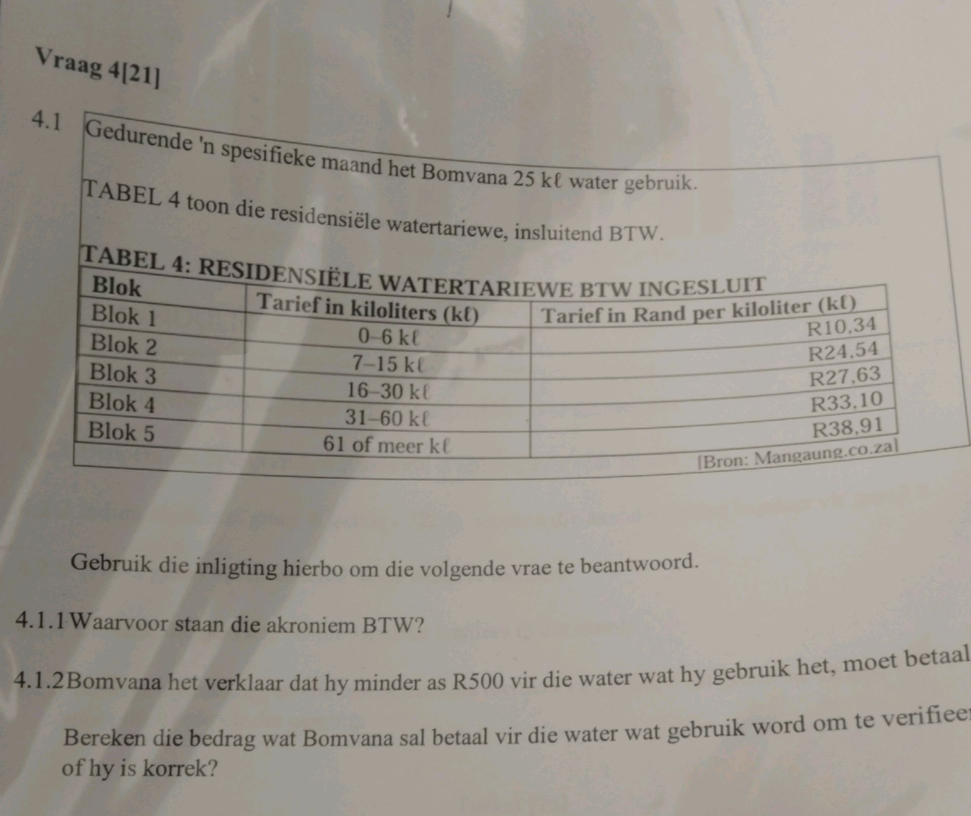 TABEL 4: RESIDENSIËLE WATERTARIEWE BTW | StudyX