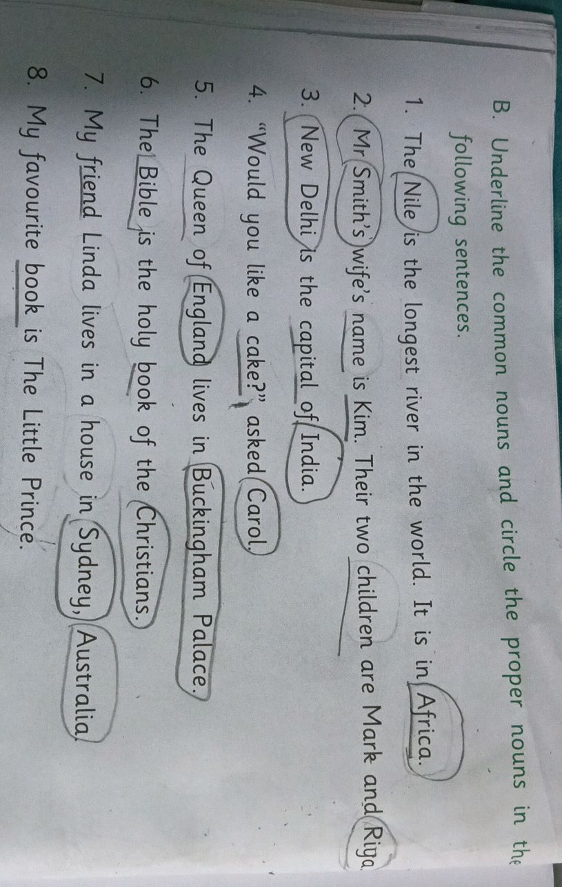 B. Underline the common nouns and circle the | StudyX
