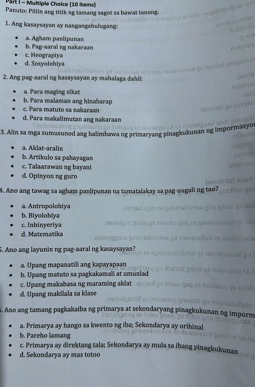 Part I - Multiple Choice (10 items) Panuto: | StudyX