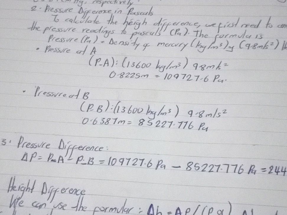 2. Pressure Difference in Pascals. To | StudyX