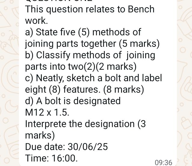a) State five (5) methods of joining parts