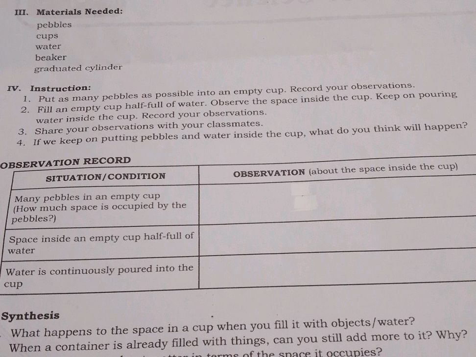 III. Materials Needed: pebbles cups water | StudyX