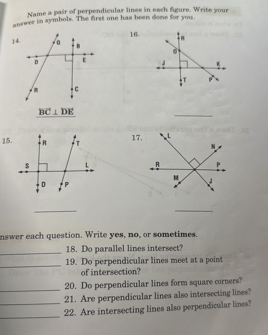 Name a pair of perpendicular lines in each | StudyX