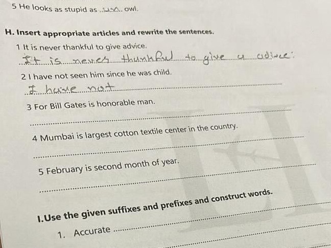 H. Insert appropriate articles and rewrite | StudyX