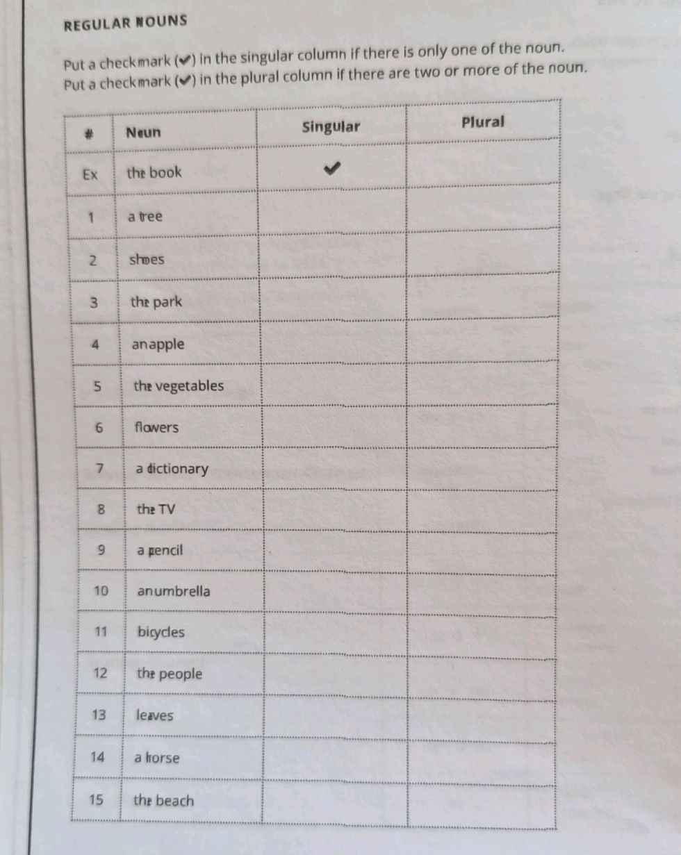 Put a check mark ( ) in the singular column | StudyX