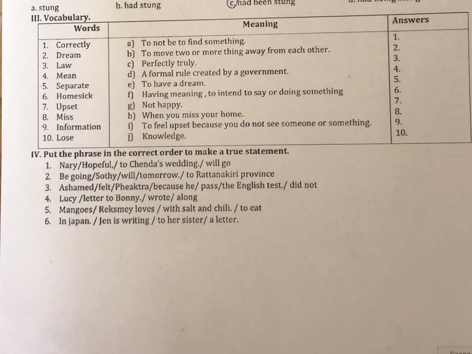 III. Vocabulary. | Words | Meaning | StudyX