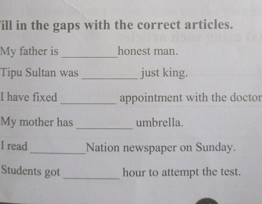 Fill in the gaps with the correct articles. | StudyX