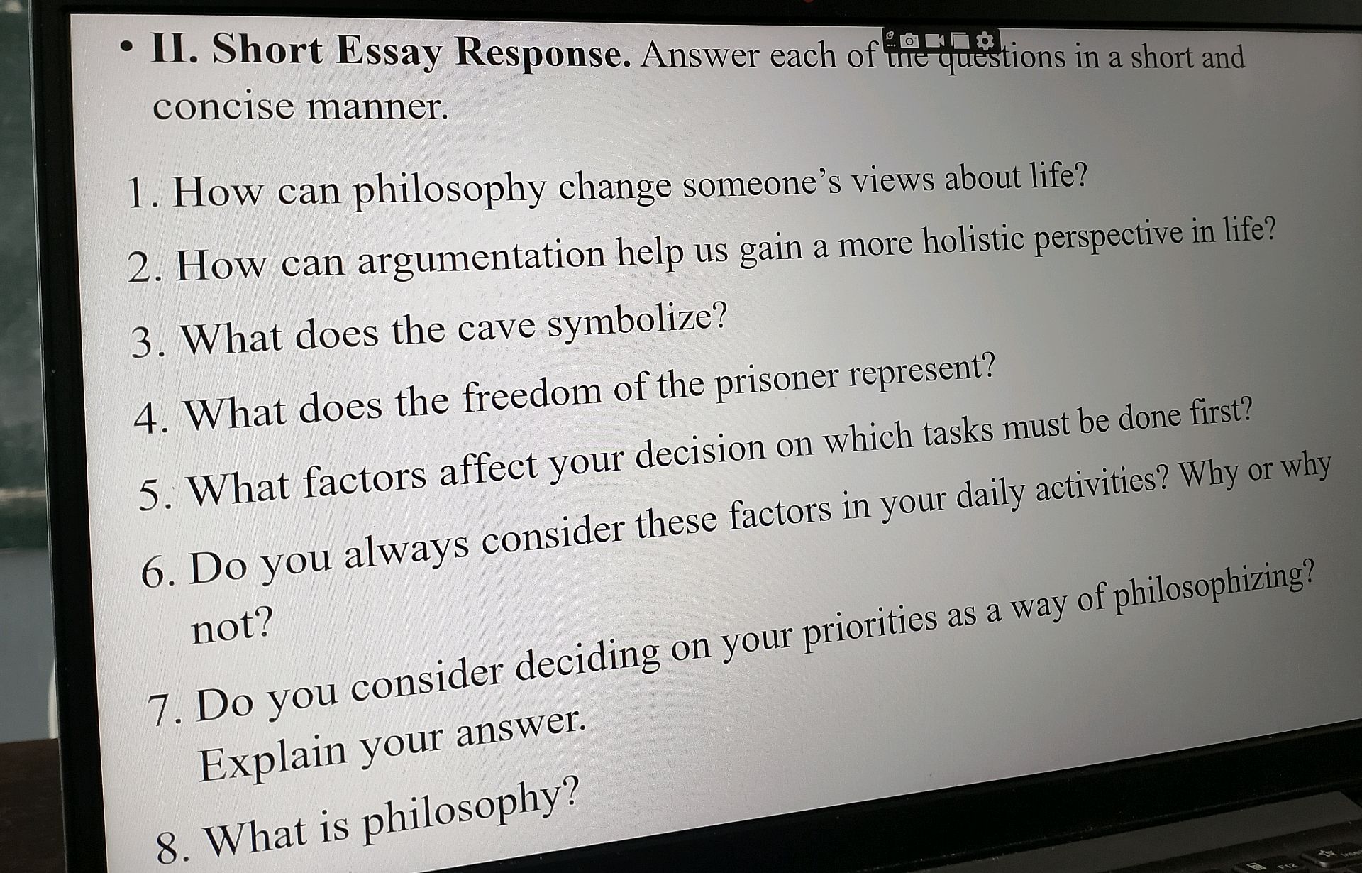 II. Short Essay Response. Answer each of | StudyX