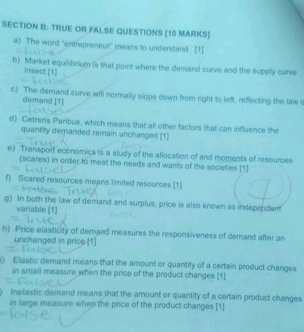 SECTION B: TRUE OR FALSE QUESTIONS [10 | StudyX