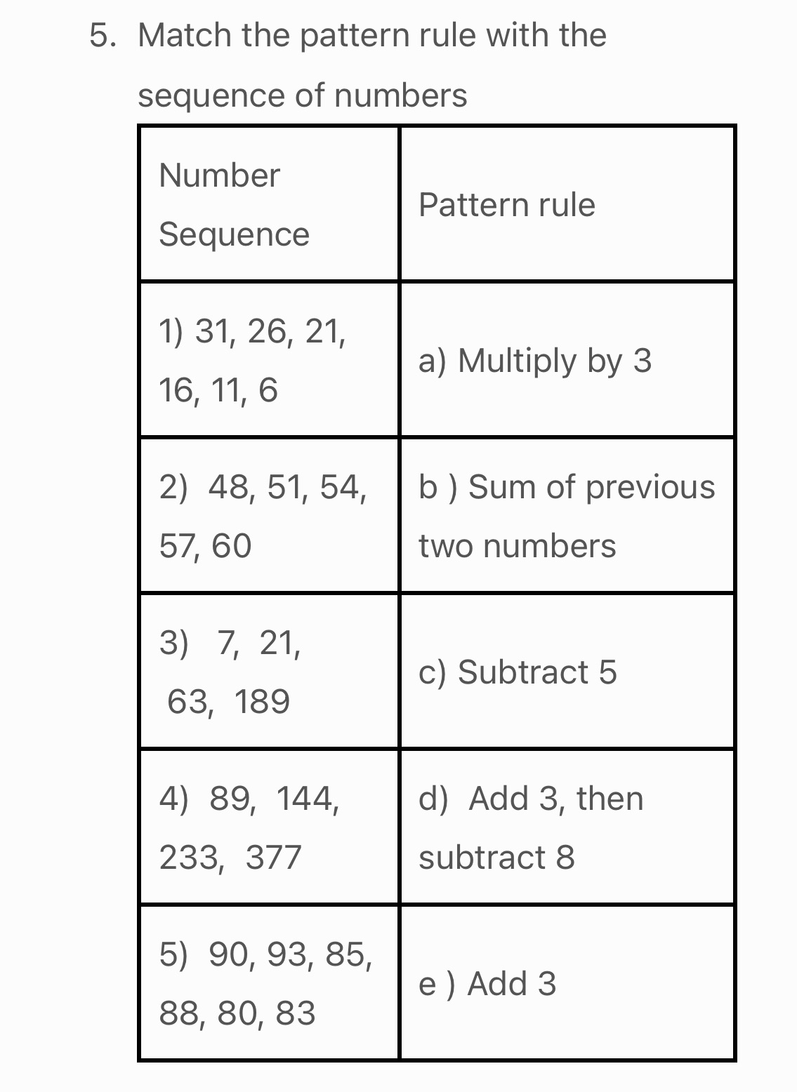 5. Match the pattern rule with the sequence | StudyX