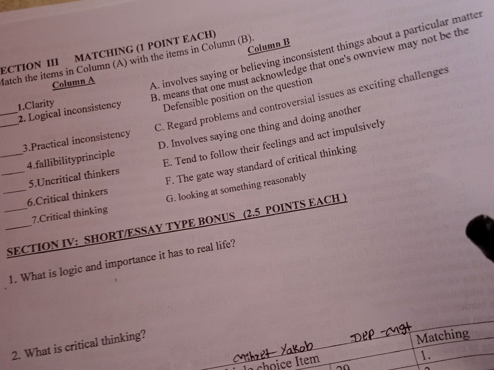 SECTION III MATCHING (1 POINT EACH) Match | StudyX