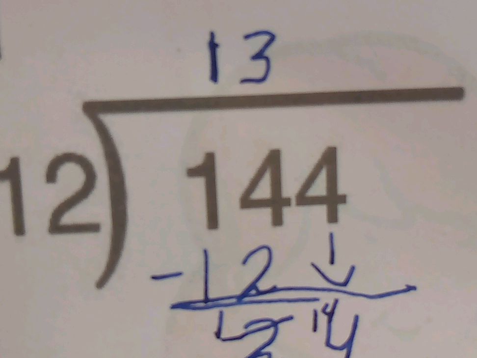 Long division problem: 144 divided by 12 | StudyX