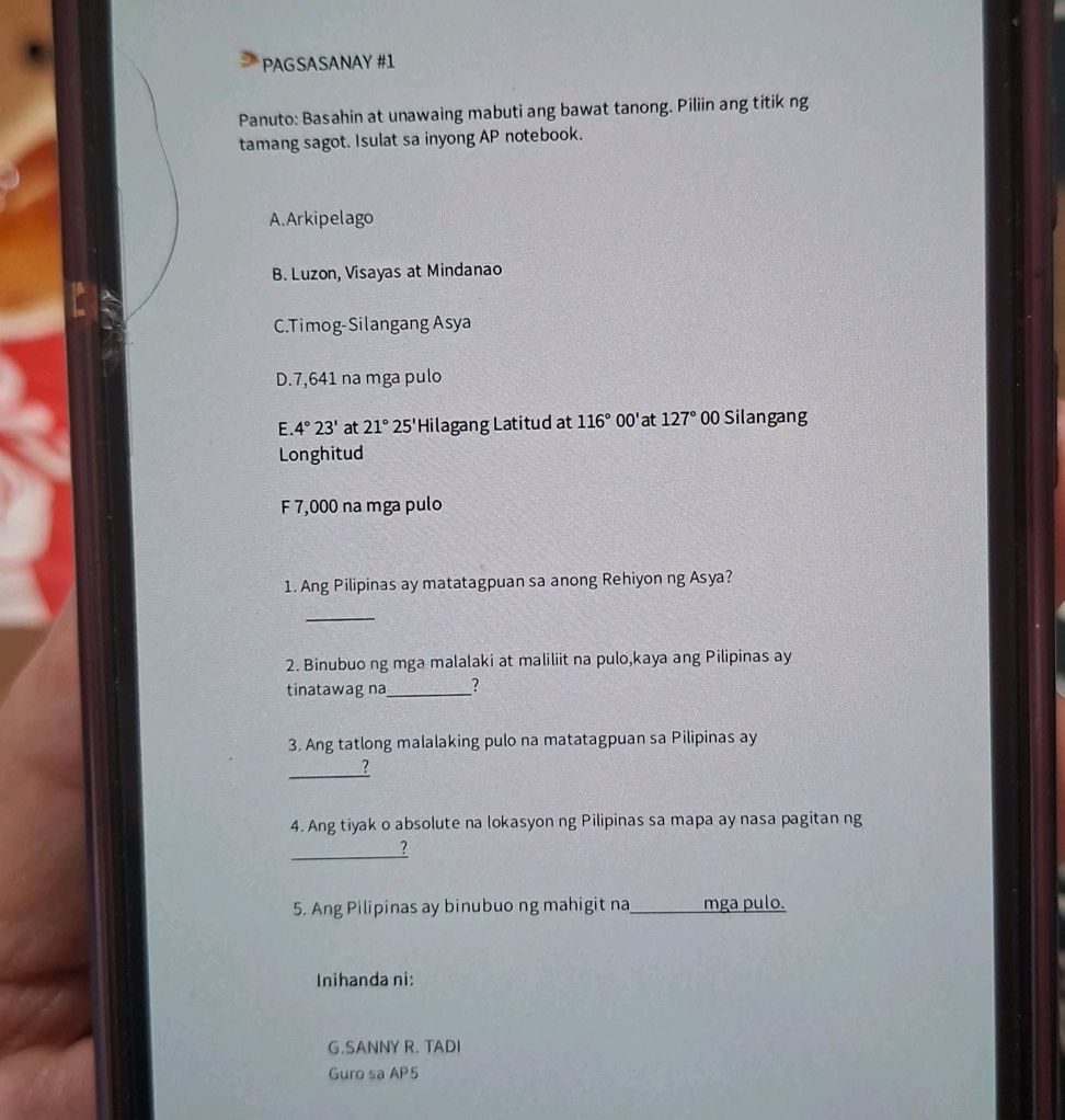 PAGSASANAY #1 Panuto: Basahin at unawaing | StudyX