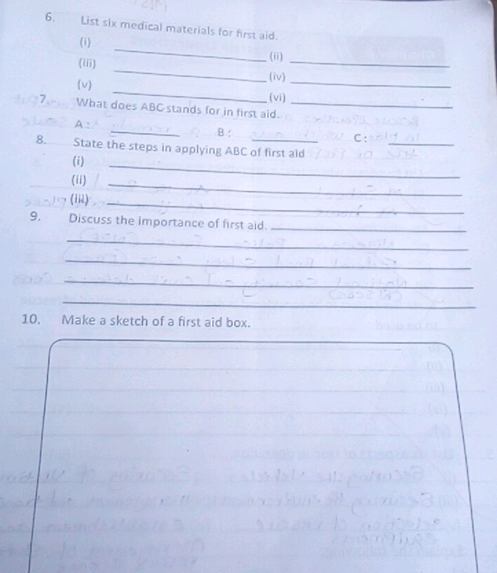 6. List six medical materials for first aid. | StudyX