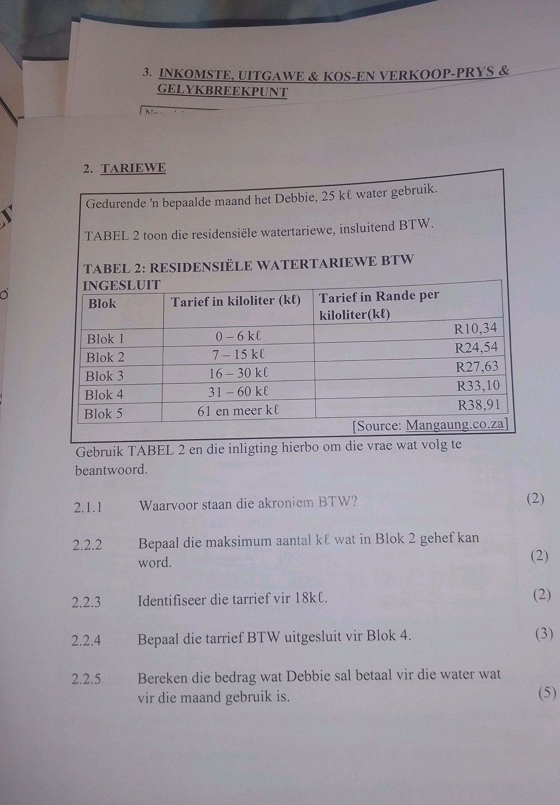TABEL 2: RESIDENSIËLE WATERTARIEWE BTW | StudyX