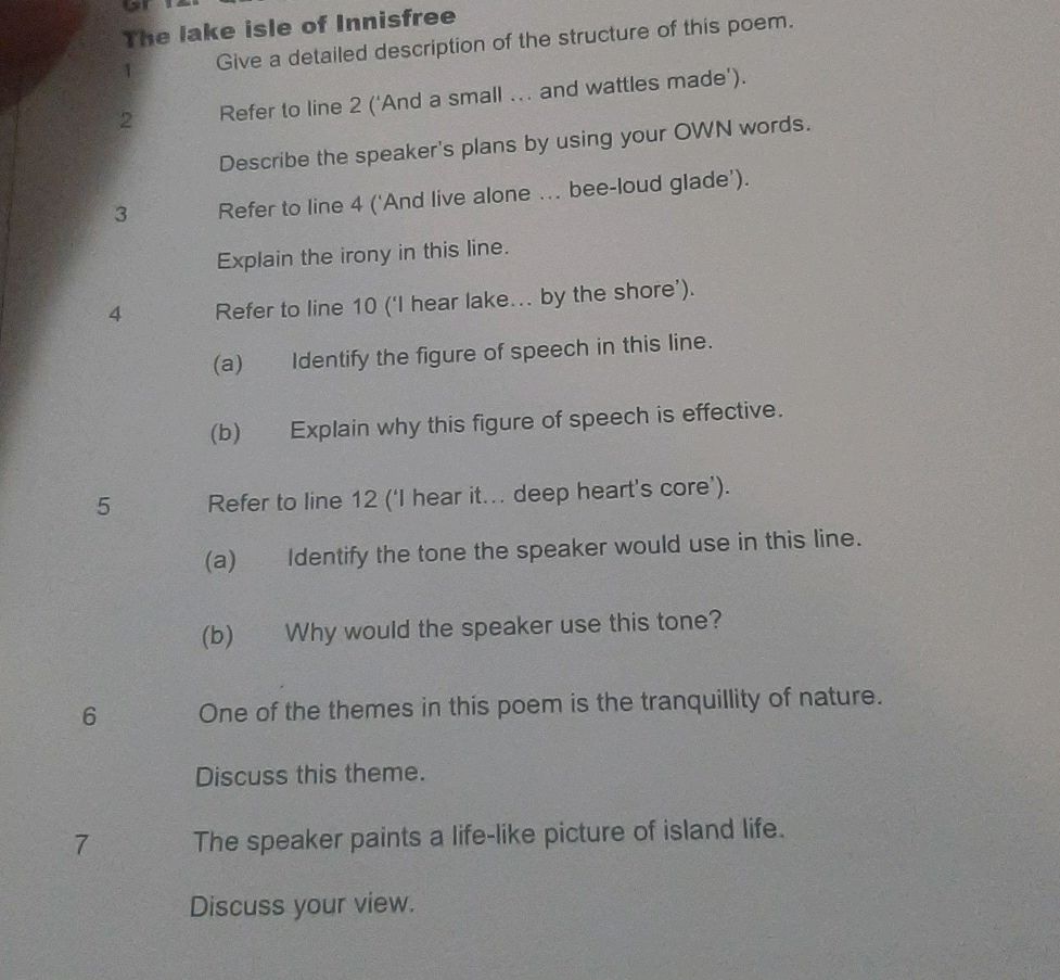 The lake isle of Innisfree 1. Give a | StudyX