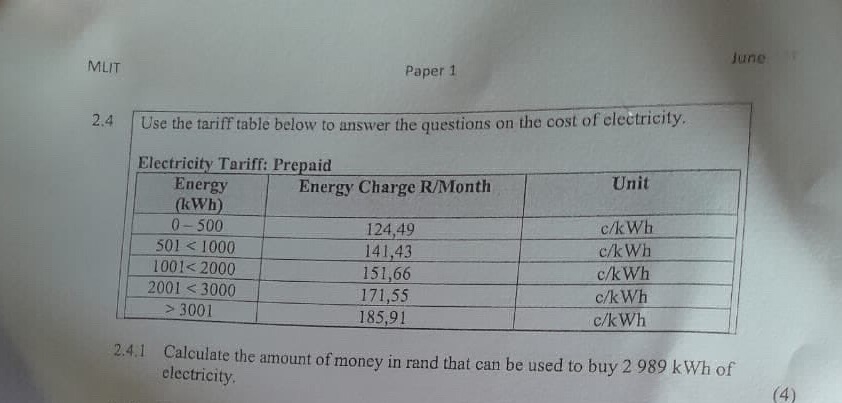Use the tariff table below to answer the | StudyX