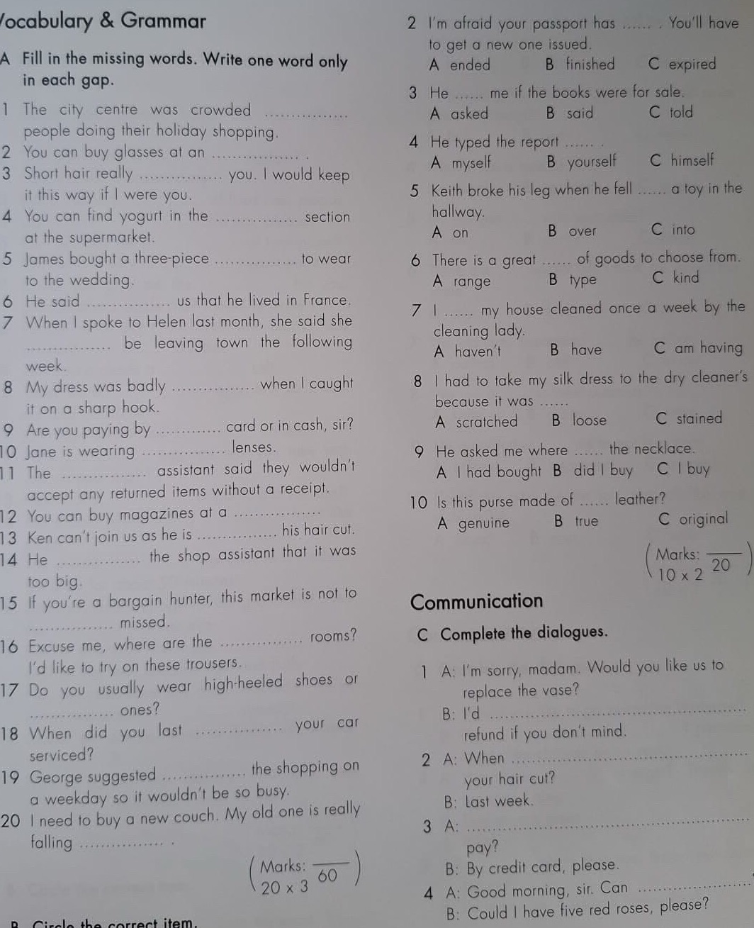 Vocabulary & Grammar A Fill in the missing | StudyX