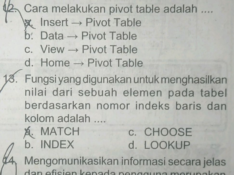 12. Cara melakukan pivot table adalah ... | StudyX