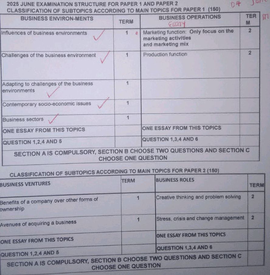 2025 JUNE EXAMINATION STRUCTURE FOR PAPER 1