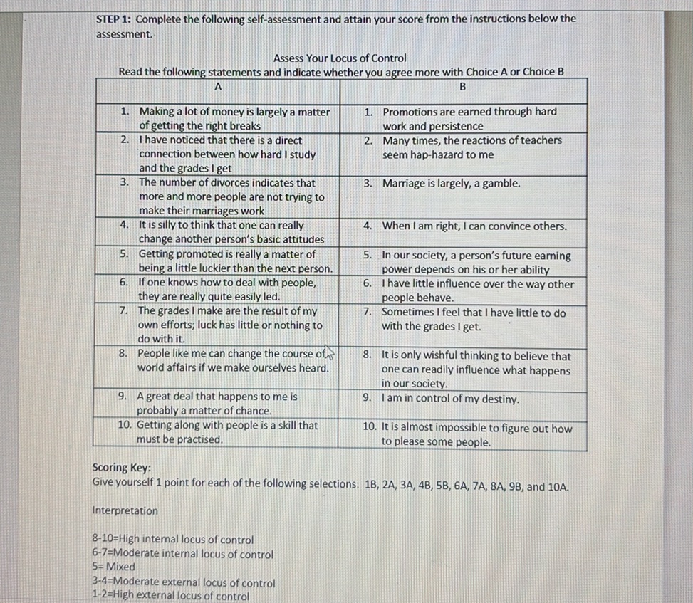 Assess Your Locus of Control Read the | StudyX