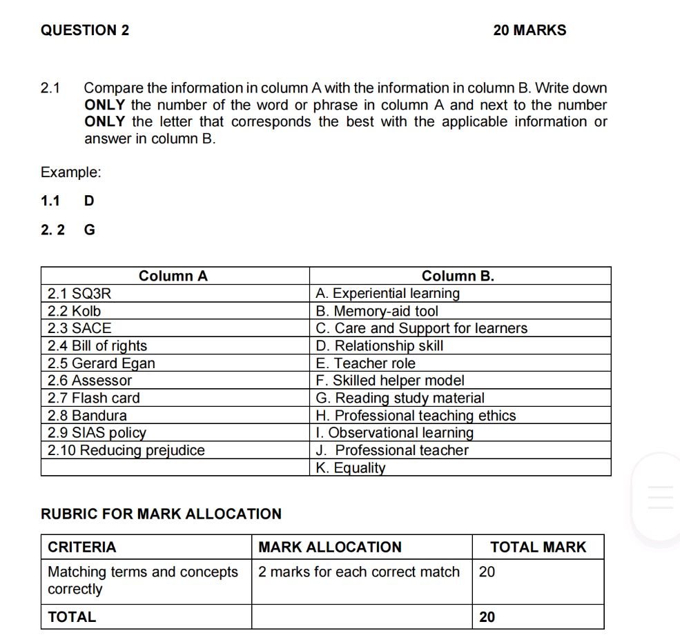 Compare the information in column A with the