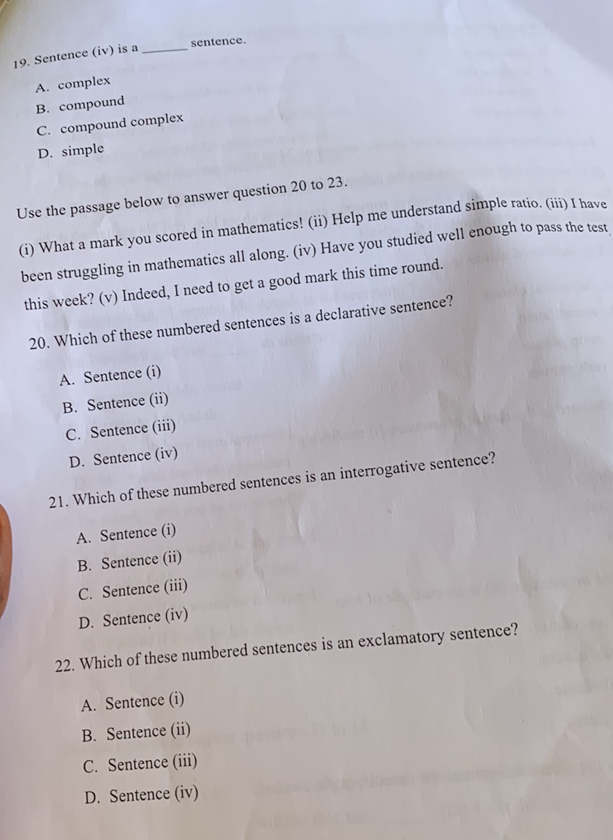 19. Sentence (iv) is a ______ sentence. A. | StudyX