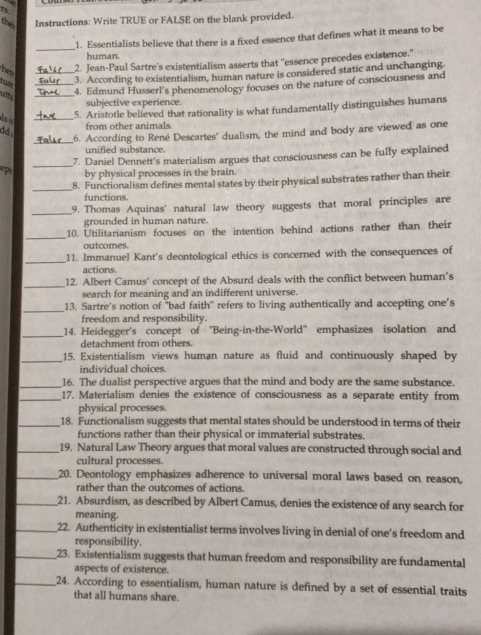 Instructions: Write TRUE or FALSE on the | StudyX