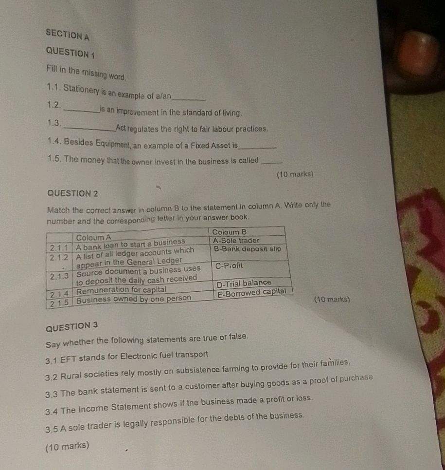 SECTION A QUESTION 1 Fill in the missing | StudyX