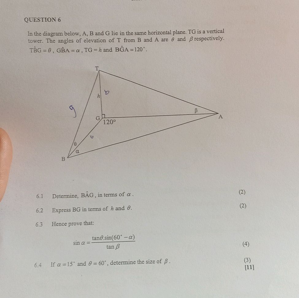 QUESTION 6 In the diagram below, A, B and G | StudyX