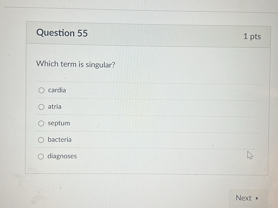 Which term is singular? cardia atria septum | StudyX