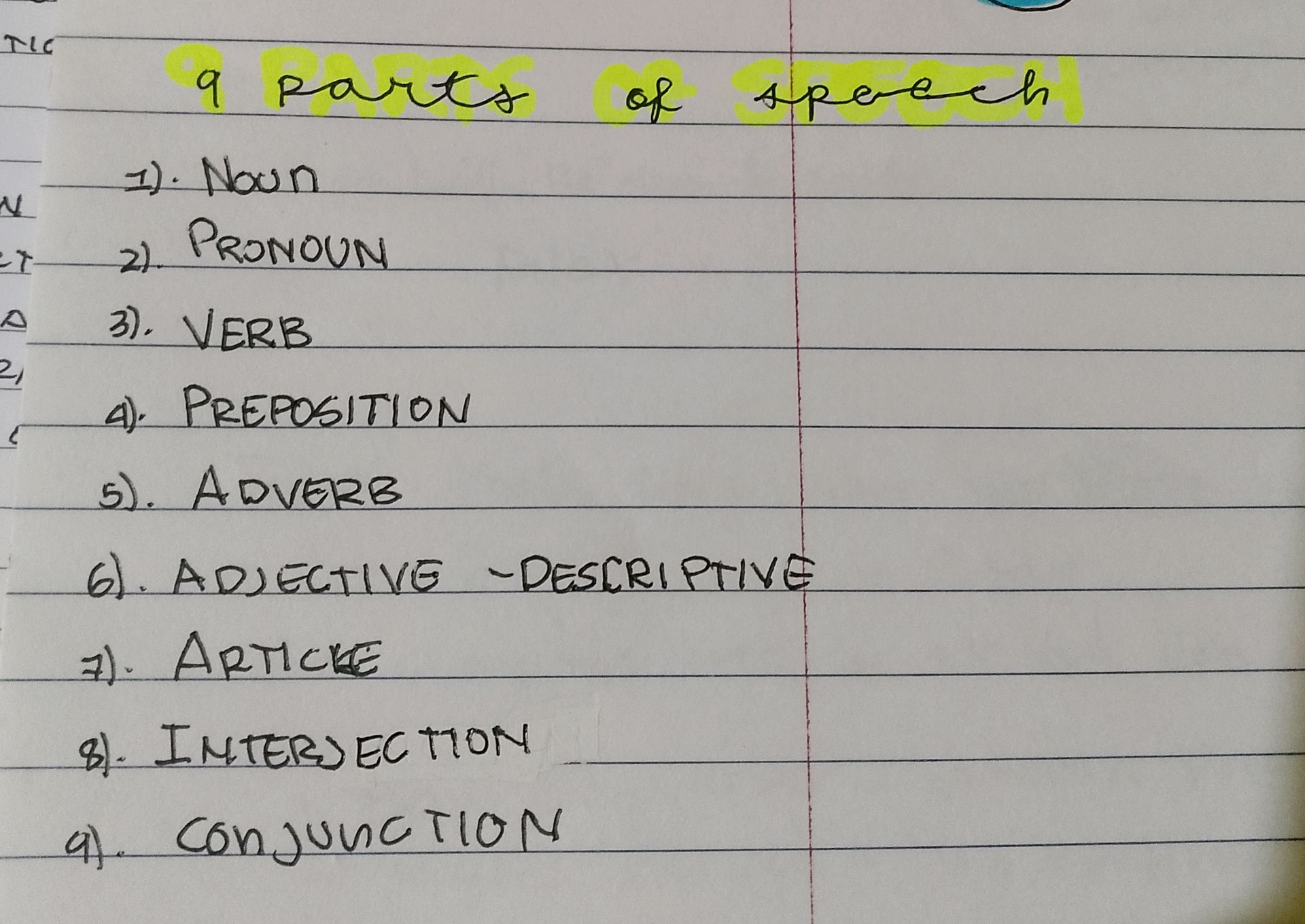 9 parts of speech 1). Noun 2). PRONOUN 3). | StudyX